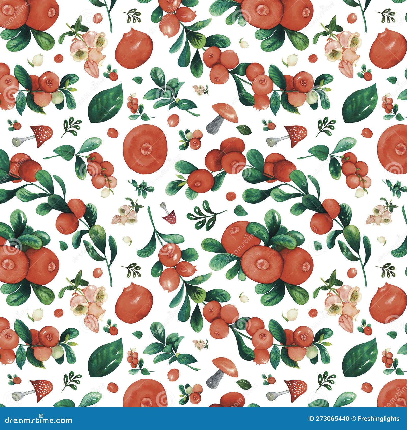 Watercolour Seamless Cranberries Pattern with Flowers and Leafs Stock ...