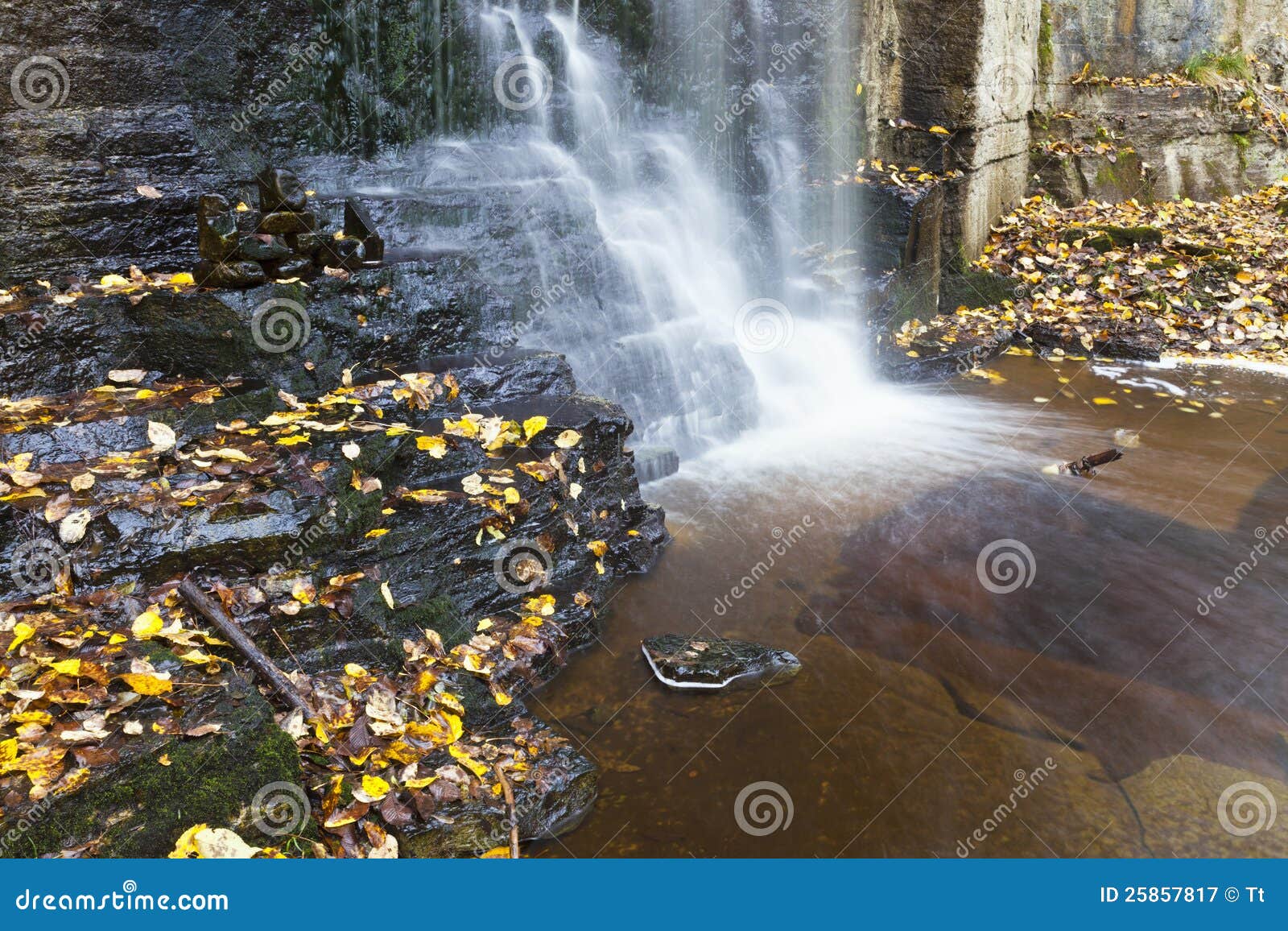 Waterfall with Autumn Leaves Stock Image - Image of flowing, natural ...