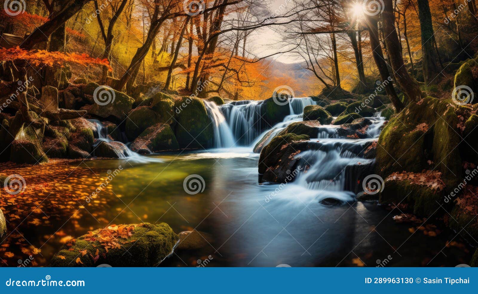 Waterfall in the Autumn with Ray Light, Landscape Stock Illustration ...