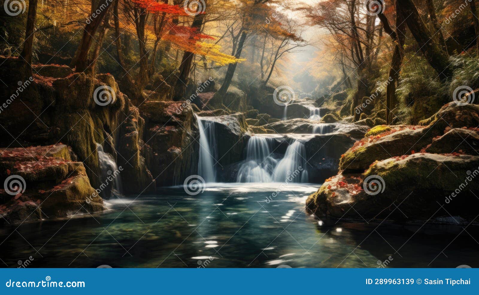 Waterfall in the Autumn with Ray Light, Landscape Stock Image - Image ...