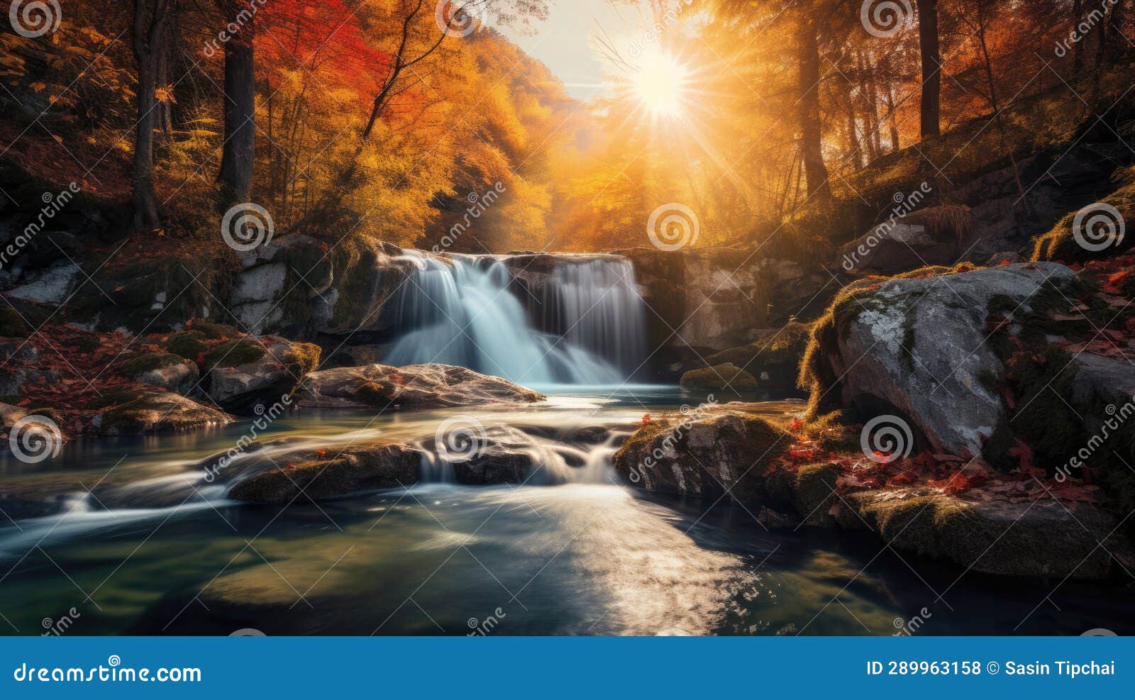 Waterfall in the Autumn with Ray Light, Landscape Stock Illustration ...