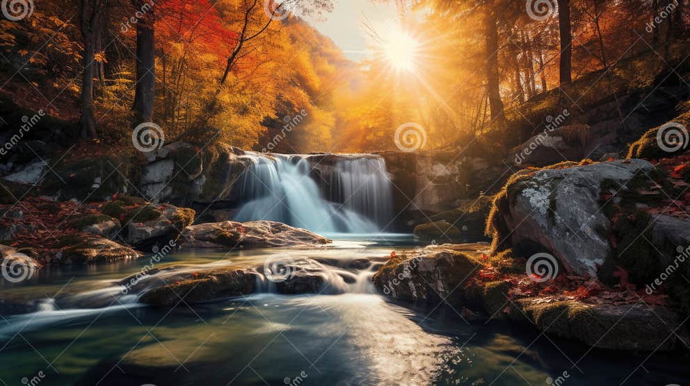 Waterfall in the Autumn with Ray Light, Landscape Stock Photo - Image ...