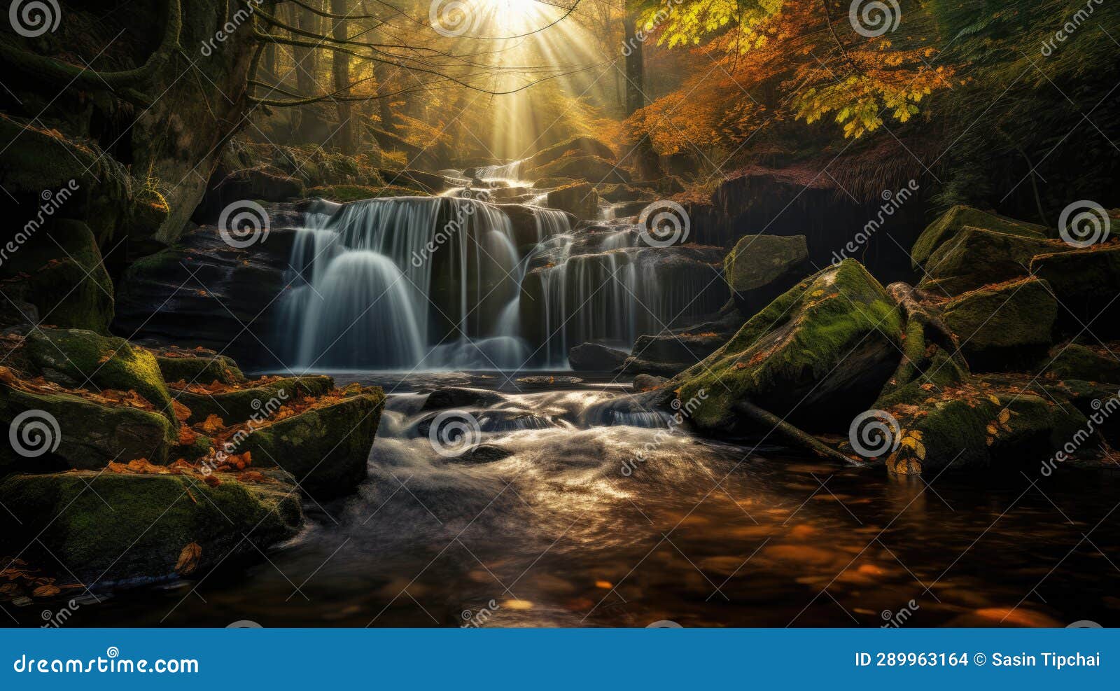 Waterfall in the Autumn with Ray Light, Landscape Stock Illustration ...