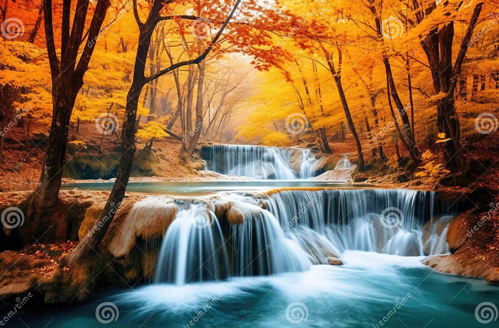A Waterfall in Autumn with Some Colourful Trees Stock Illustration ...