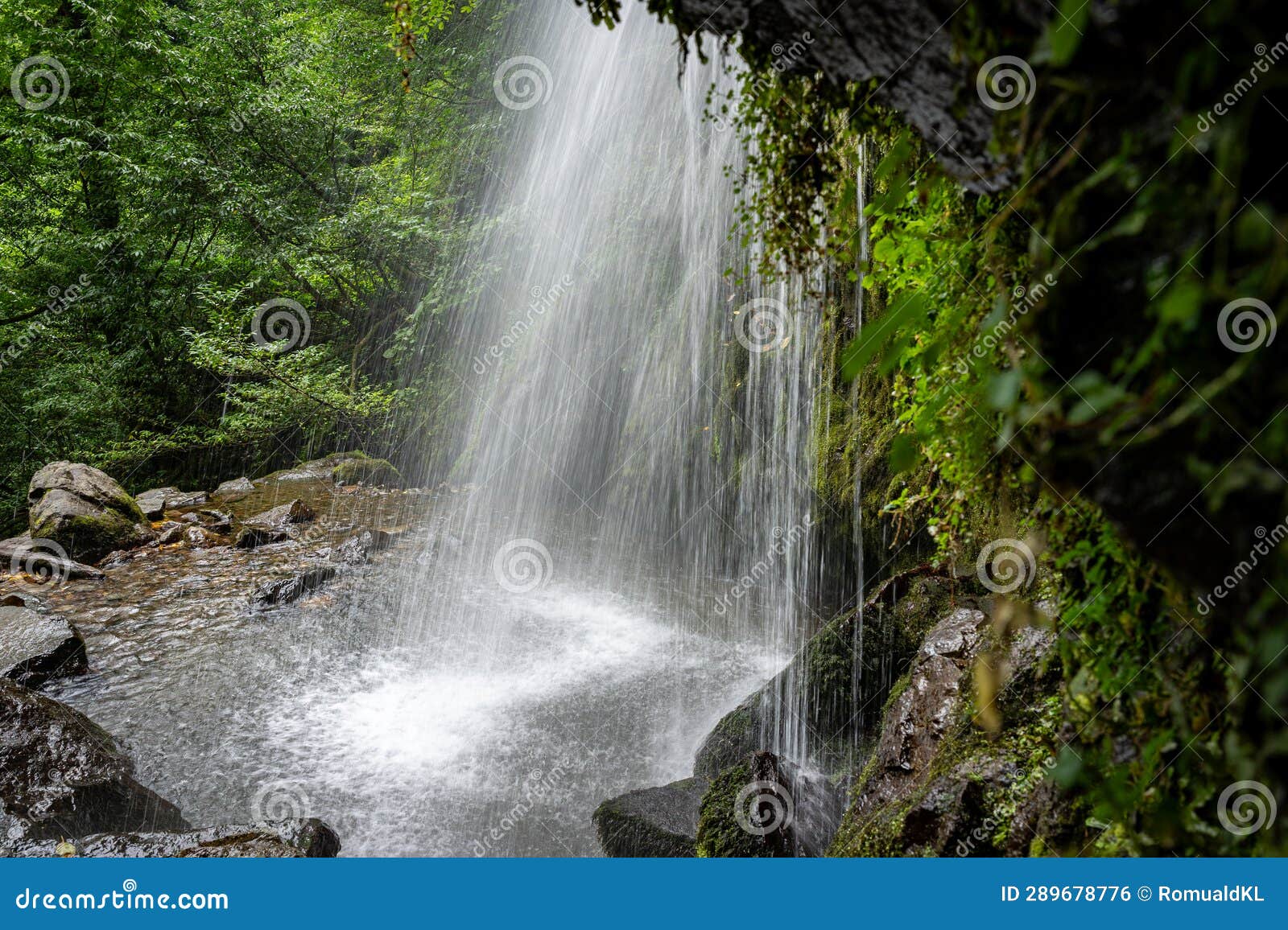Waterfall from the Back with Rocks and Moss Stock Photo - Image of ...