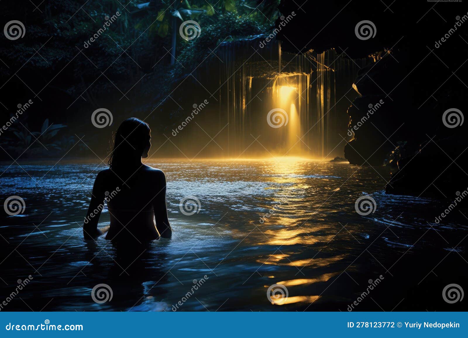 Waterfall Bathed In The Soft Glow Of Moonlight Silhouette Of A Bathing ...