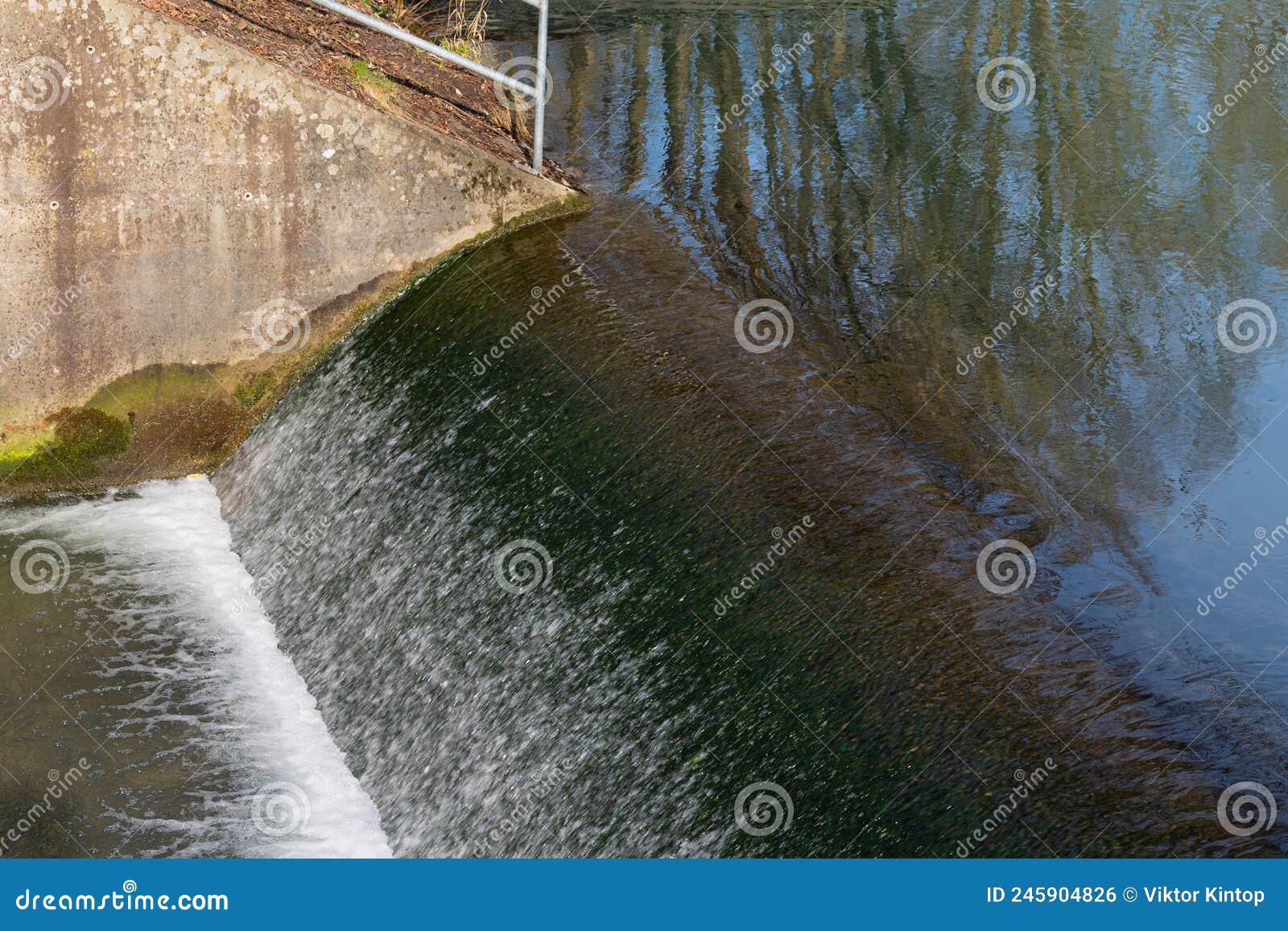 Waterfall Behind the Dam on the River in Park. the Flow of Water Stock ...