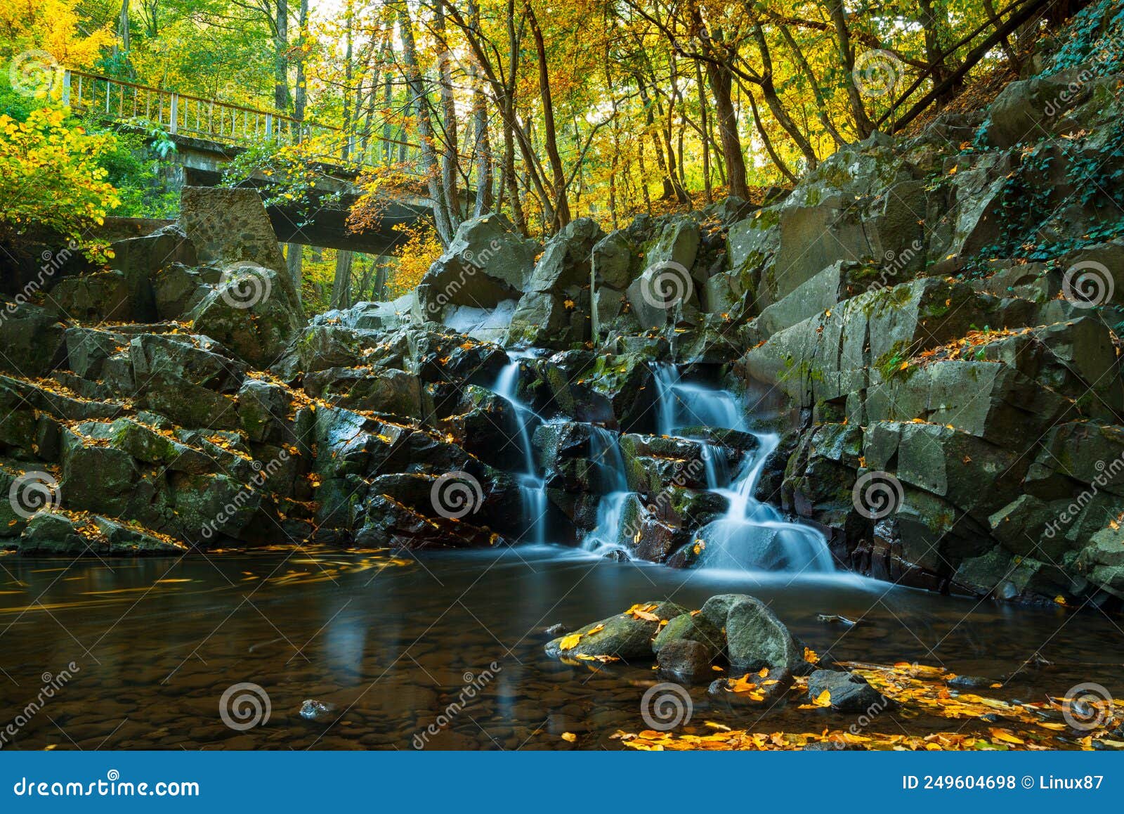 Waterfall and Bridge in Autumn Forest Stock Photo - Image of natural ...