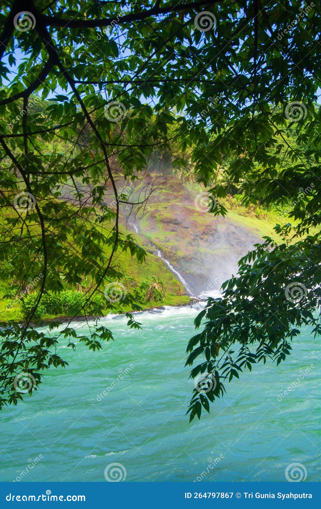 A Waterfall with a Bright Green River Below it Stock Image - Image of ...