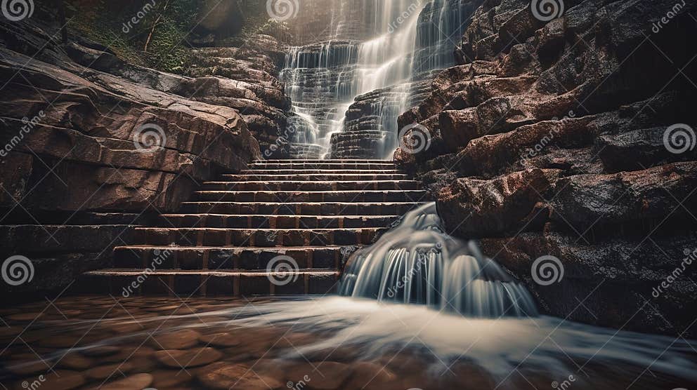A Waterfall with a Bunch of Steps Going Up it S Side in a Forest with ...