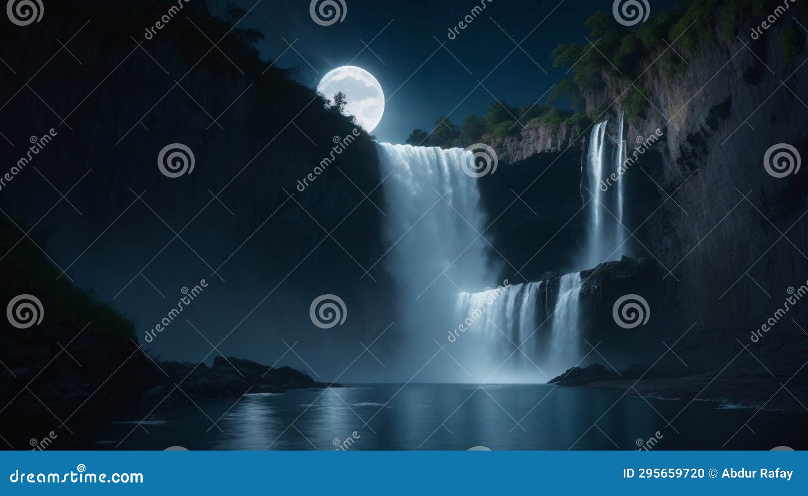 A Waterfall Cascading Down a Cliff, Moonlight Glistening on the Water ...