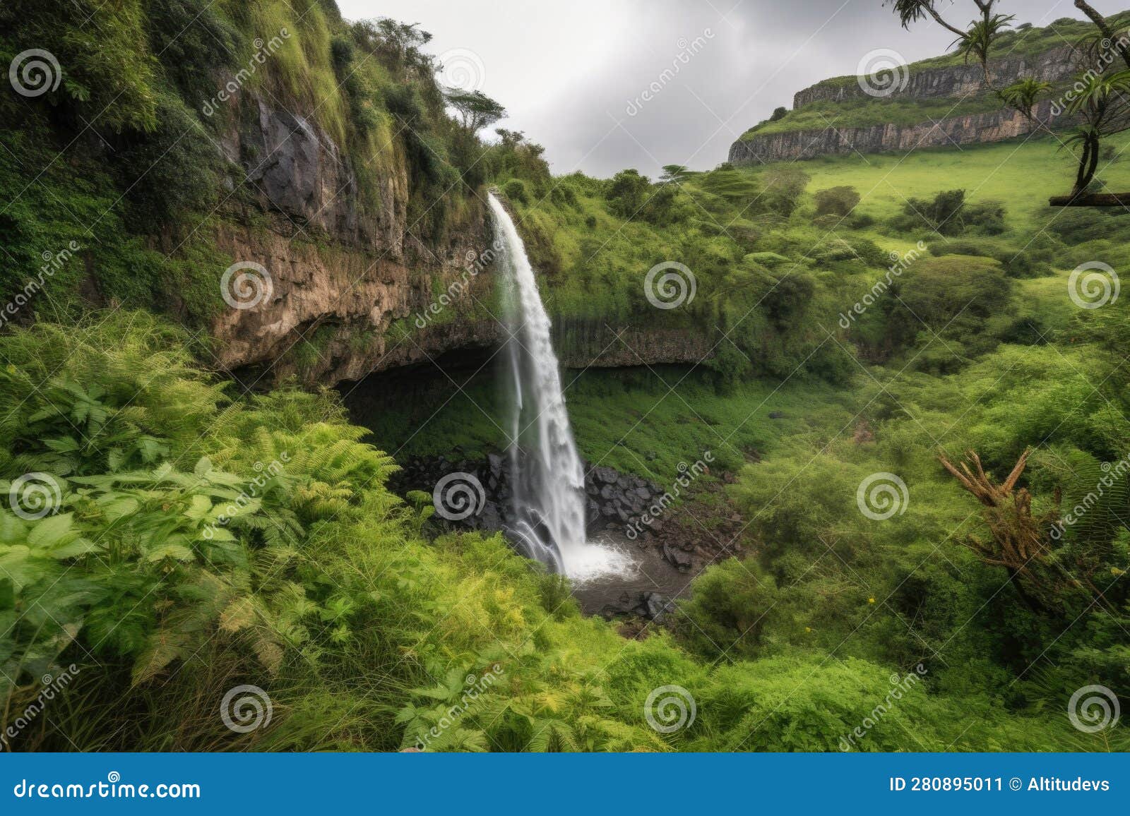 Waterfall Cascading Down Cliffside, Surrounded by Lush Greenery Stock ...