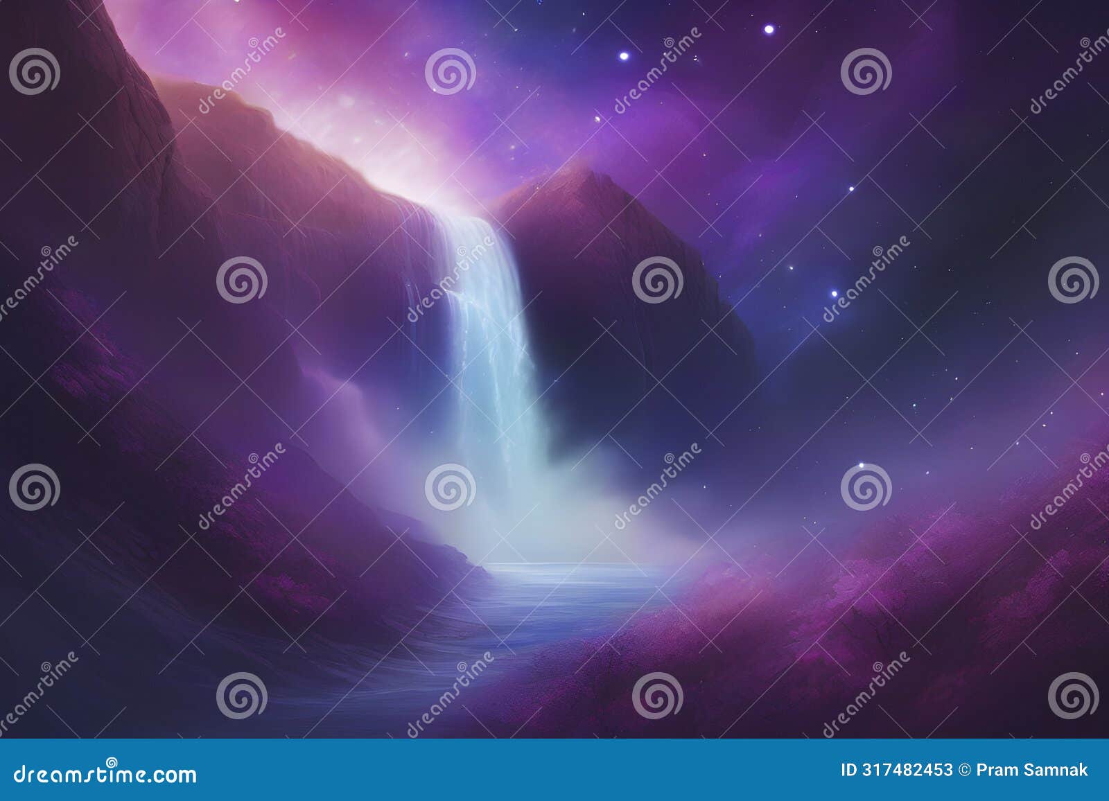A Waterfall Cascading Down from a Nebula in Space. Stock Illustration ...