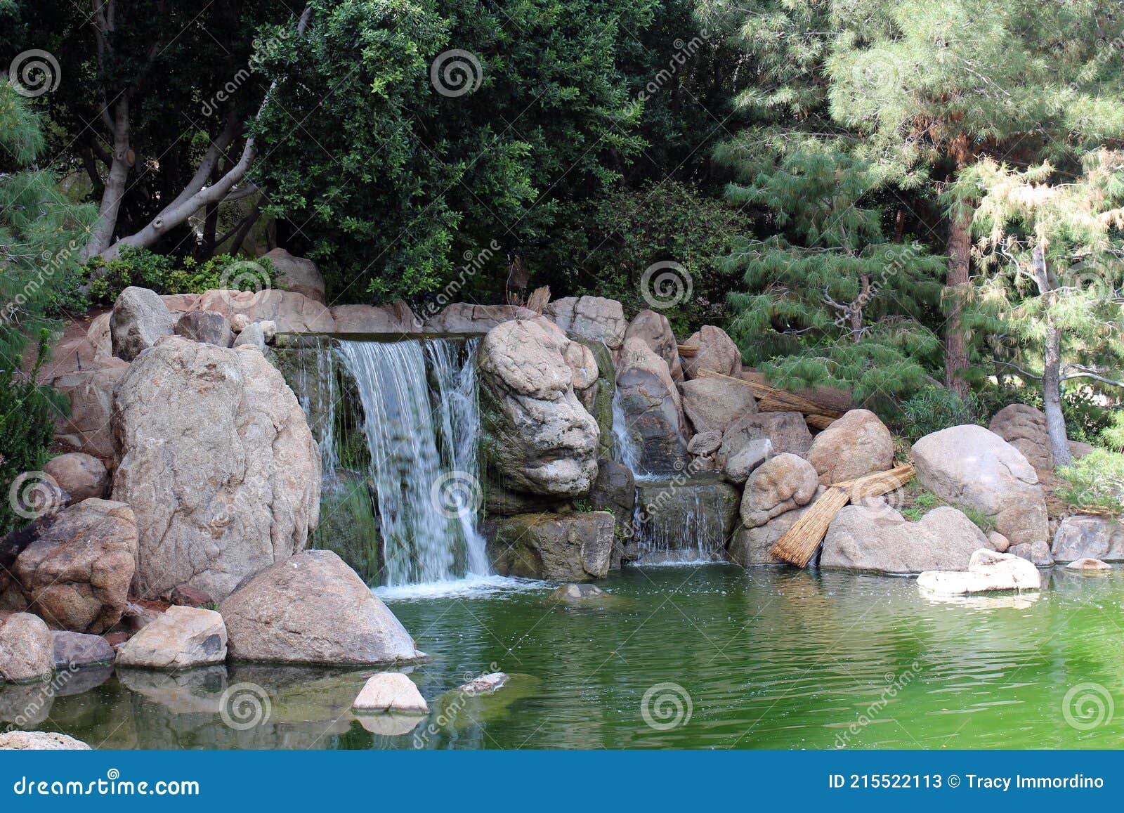 A Waterfall Cascading Over Boulders into a Lake Surrounded by Dense ...