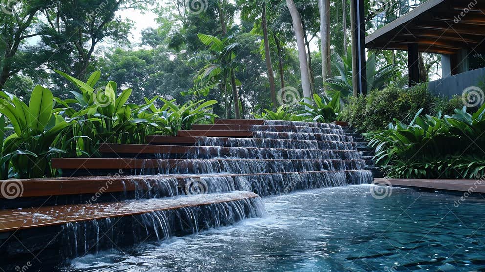 A Waterfall Cascading Down a Set of Steps into the Pool, AI Stock Photo ...