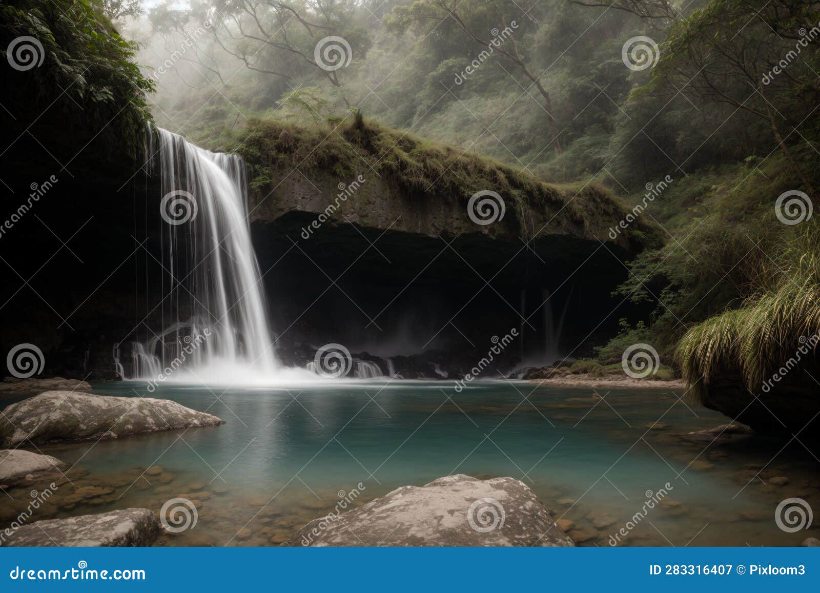 A Waterfall Cascading into a Lagoon Mist Rising Stock Illustration ...