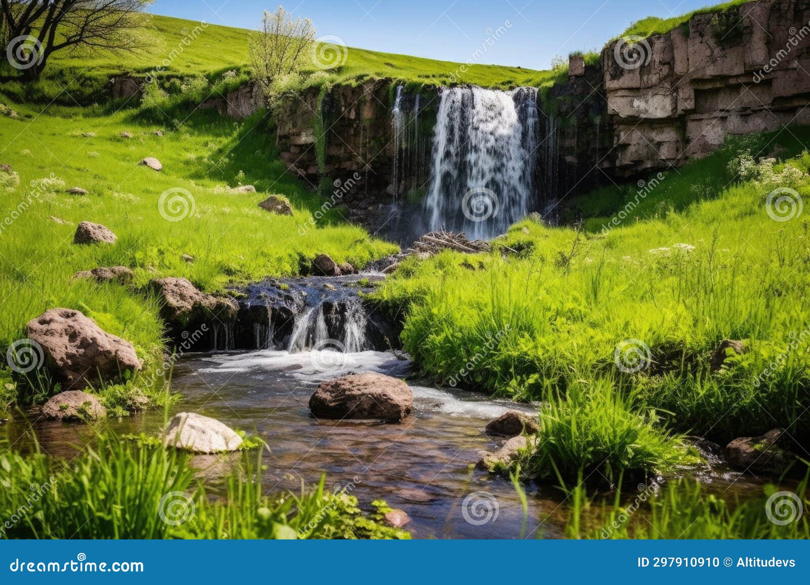 Waterfall Cascading into a Meadow Stock Photo - Image of beauty ...