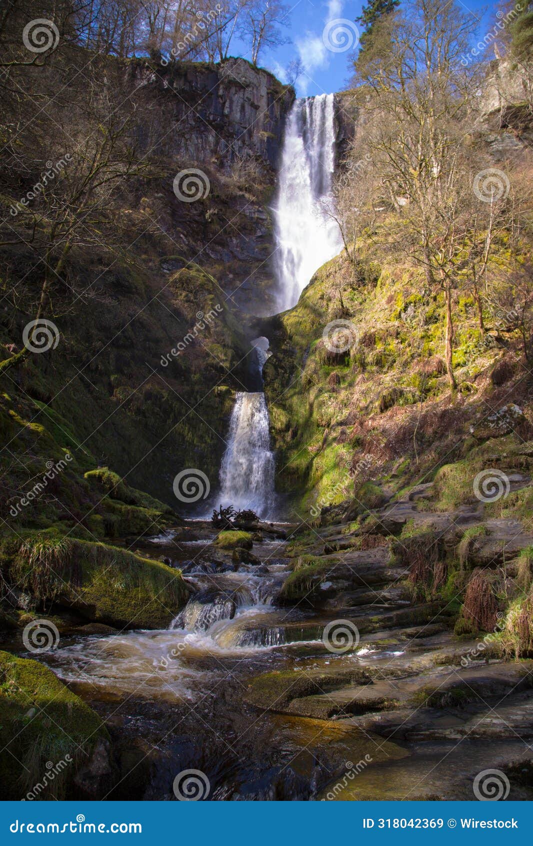 Waterfall Cascading from Mountain Cliff by Trees Stock Image - Image of ...
