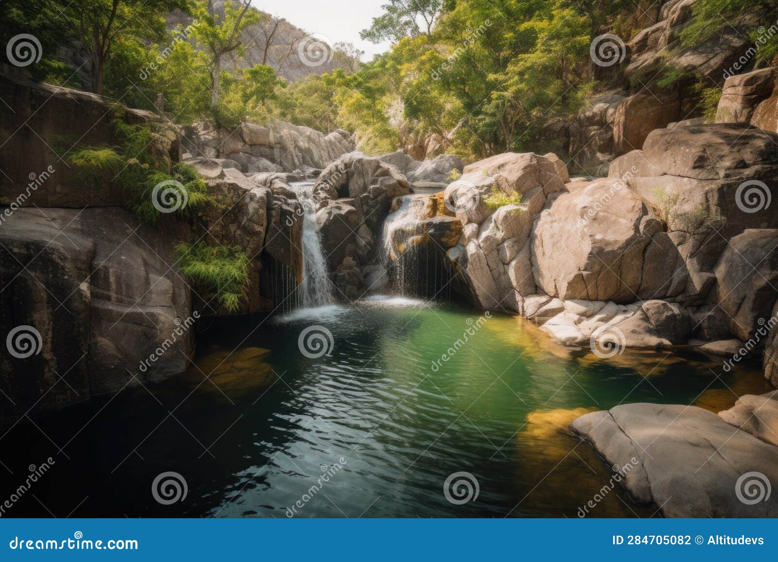 Waterfall Cascading Over Jagged Rocks, Forming a Peaceful Pool Stock ...