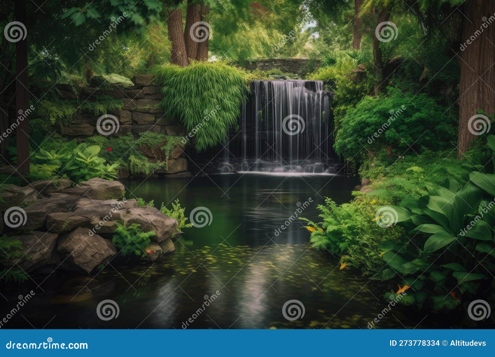 Waterfall Cascading into Pond Surrounded by Lush Greenery Stock Photo ...