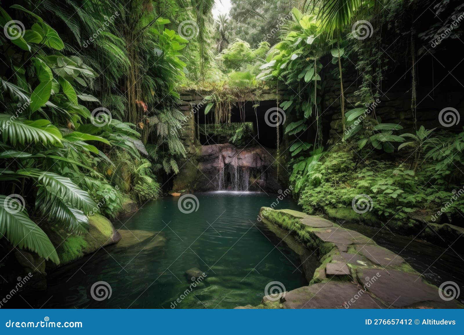 Waterfall Cascading into Pool, Surrounded by Lush Greenery Stock Photo ...