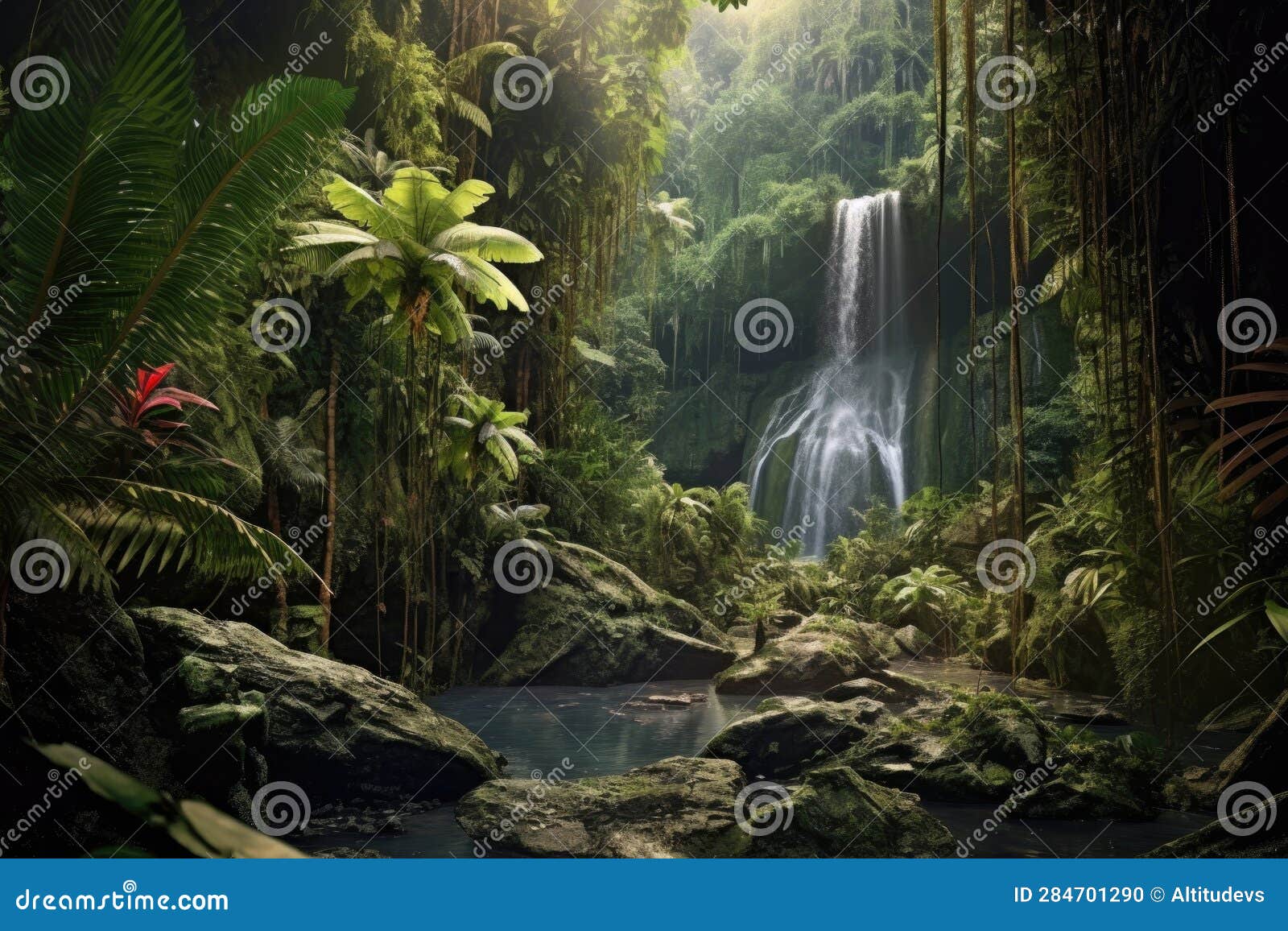 Waterfall Cascading through Tropical Jungle Stock Photo - Image of ...