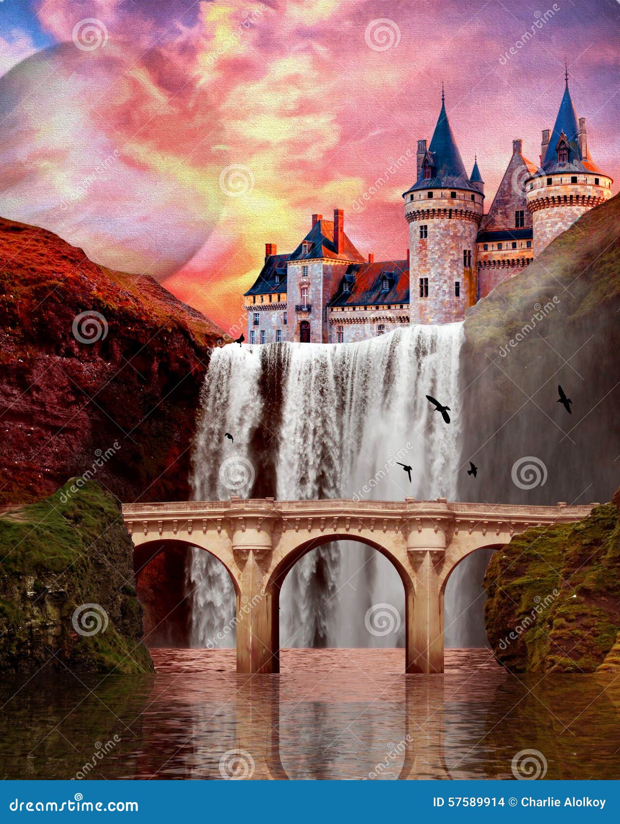 Waterfall Castle stock photo. Image of bird, cloud, waterfall - 57589914