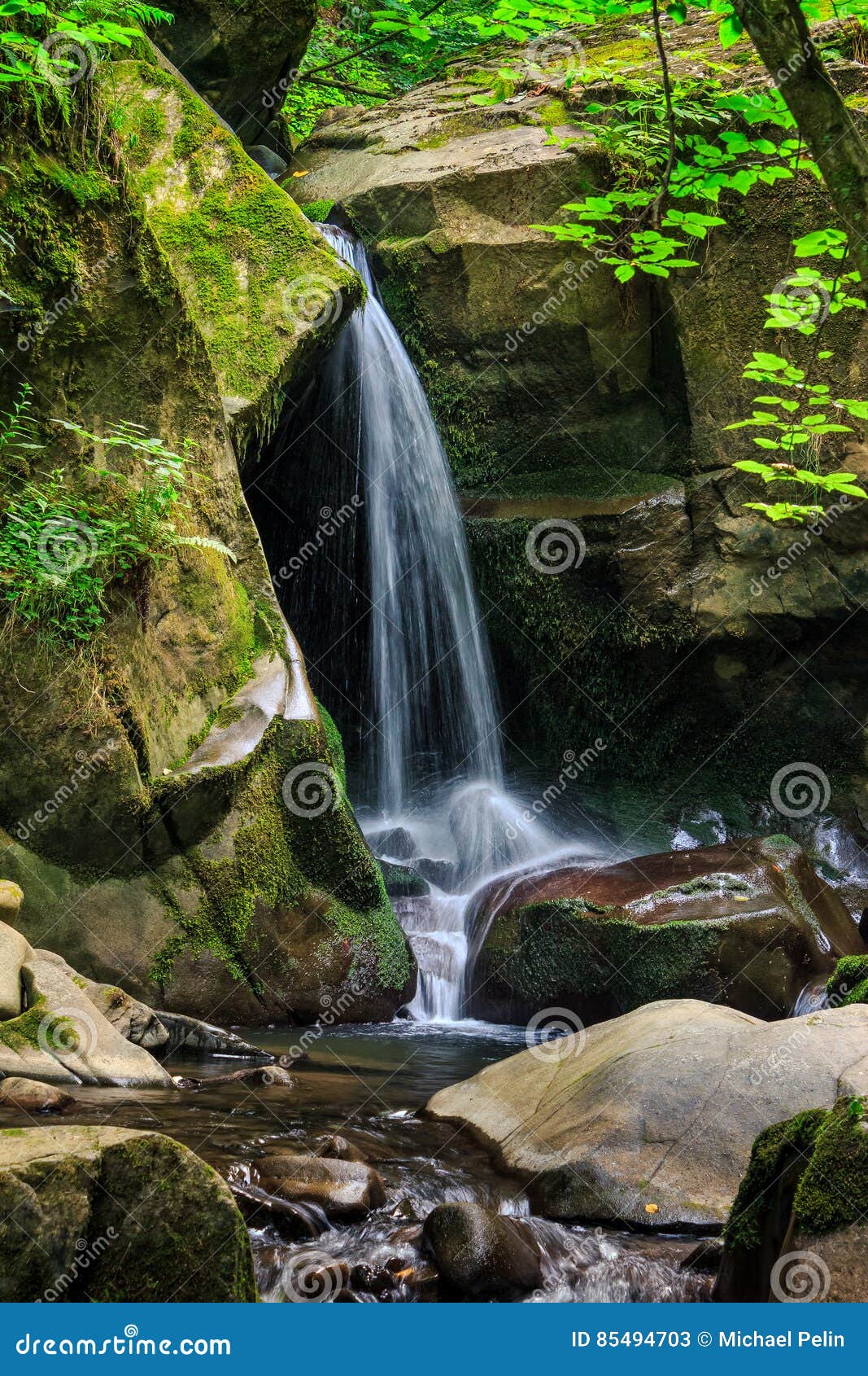 Waterfall Comes Out of a Huge Stone in Forest Stock Image - Image of ...