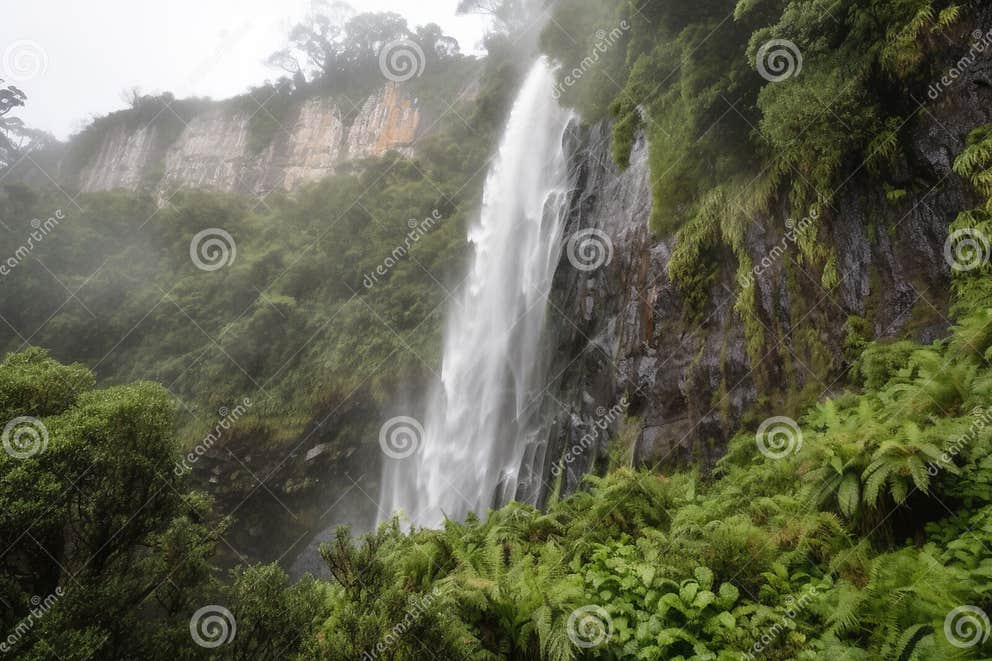 Waterfall Crashing Down Cliff Face, Surrounded by Greenery and Mist ...