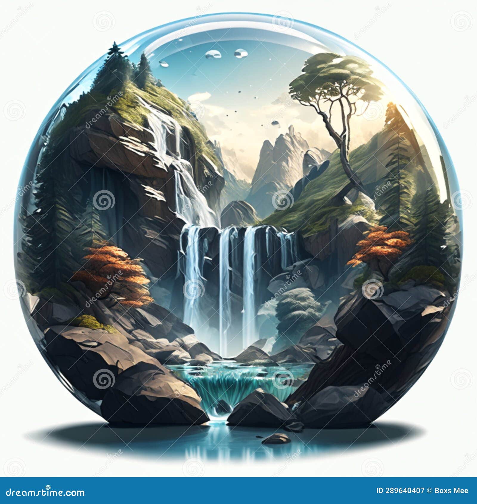 Waterfall in a Crystal Ball. Waterfall in a Glass Sphere Stock Image ...