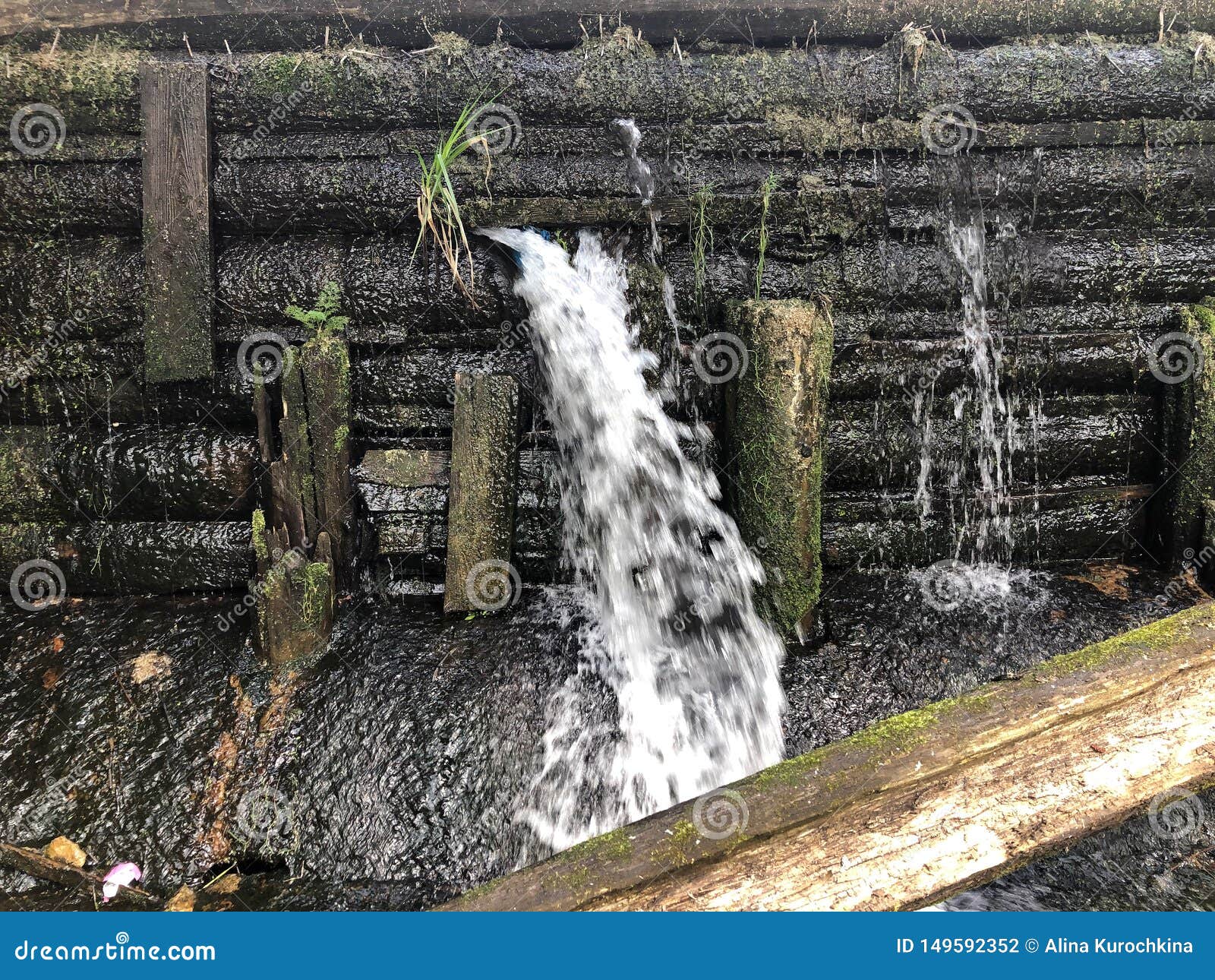 Waterfall on a Dam with Large Logs Stock Photo - Image of edge ...