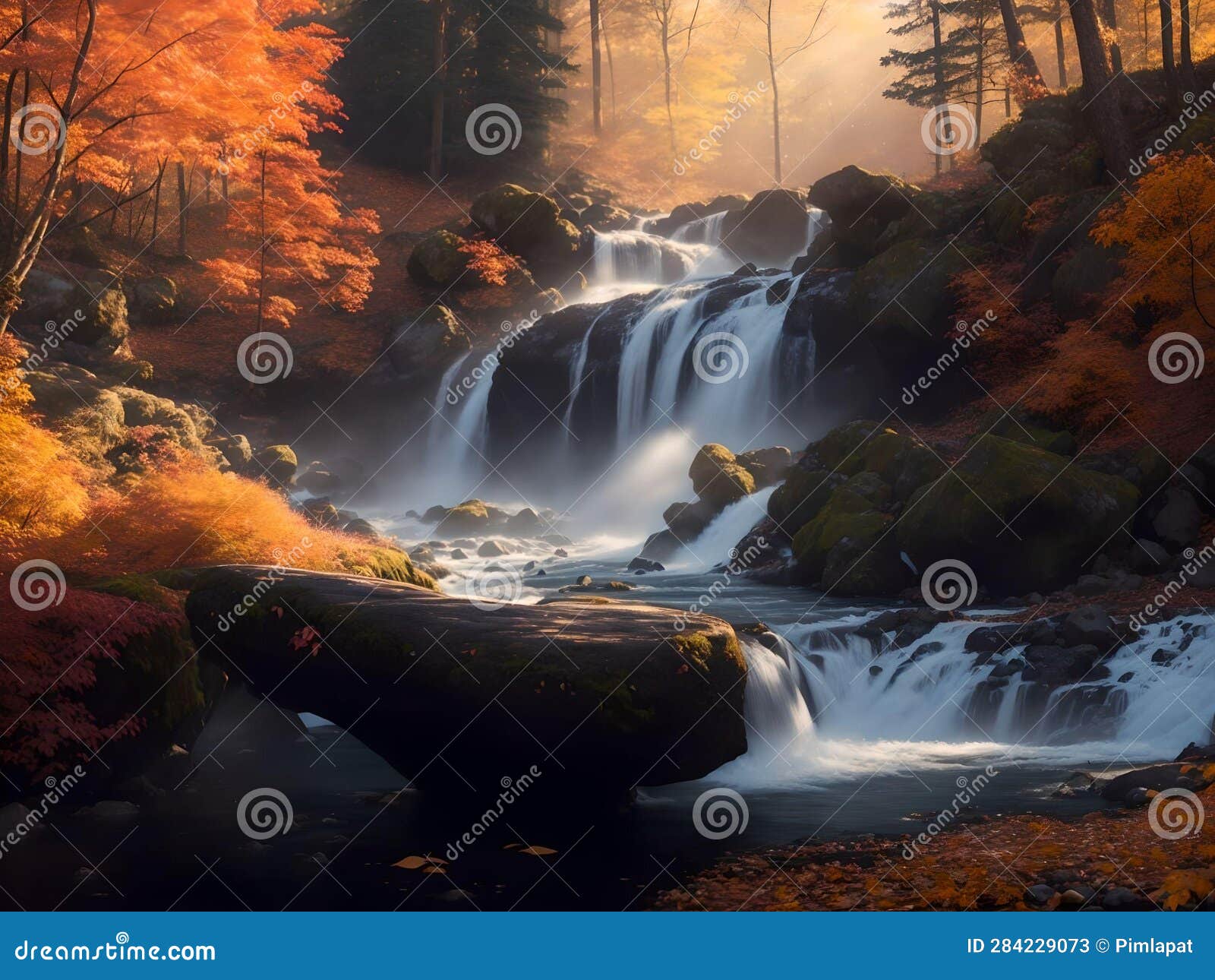 Waterfall in Deep Autumn Forest, River Flow Over Day Light Scenic ...