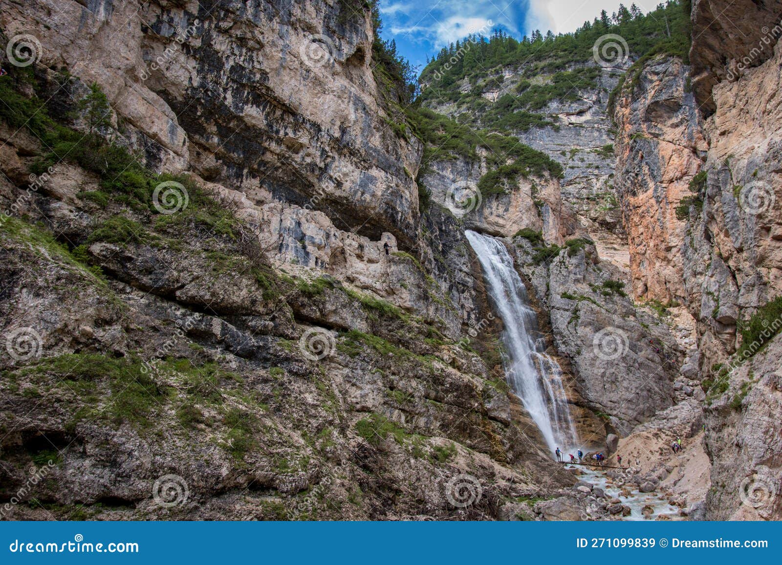 Waterfall in the Dolomite Mountains Stock Image - Image of grass ...
