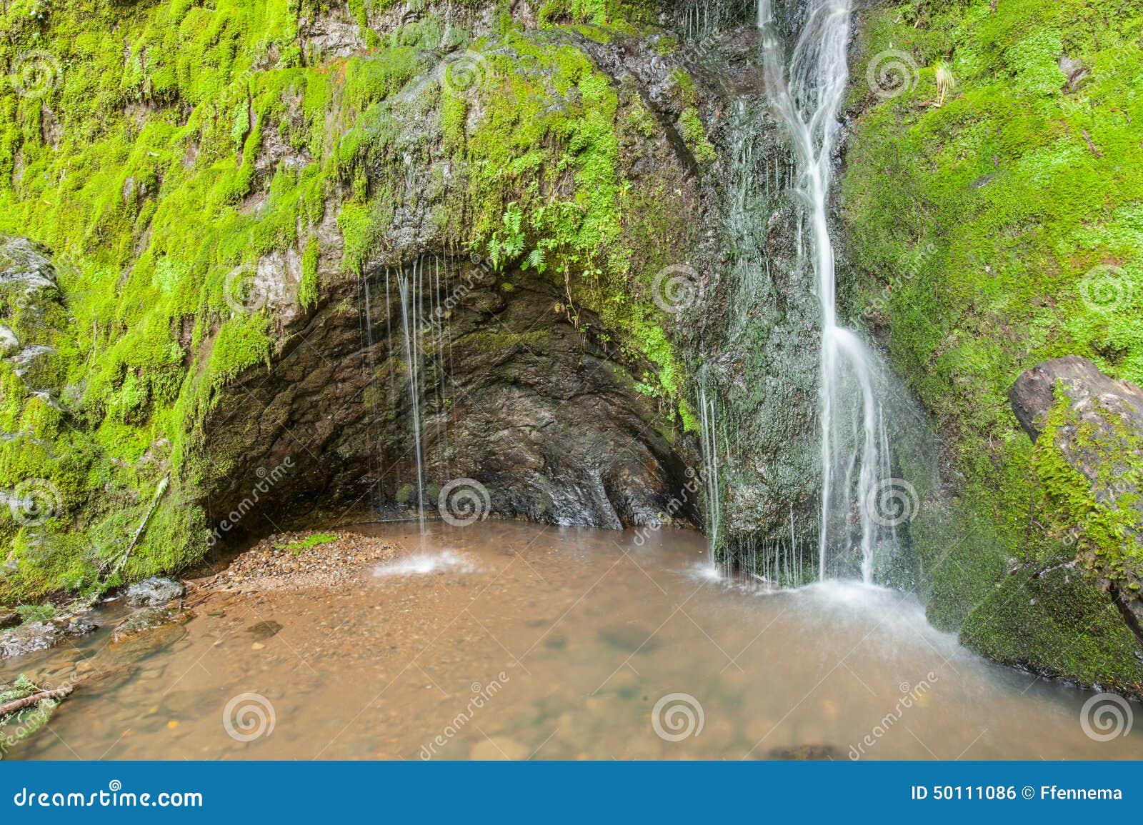 Waterfall Drops into a Small Pond with a Cave Stock Photo - Image of ...