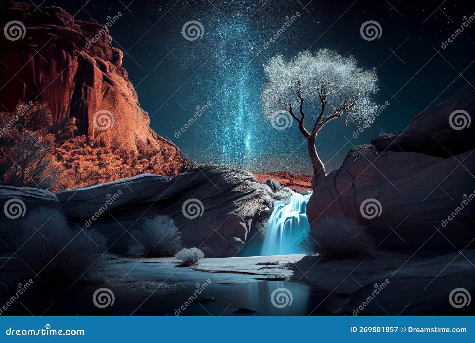 Waterfall With Dry Tree In The Middle Of The Desert ,river At Night ...