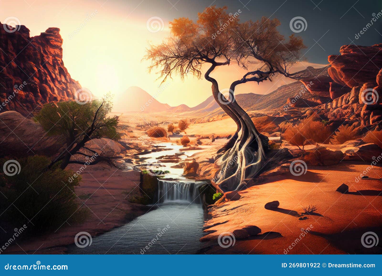 Waterfall with Dry Tree in the Middle of the Desert ,river at Sunset ...