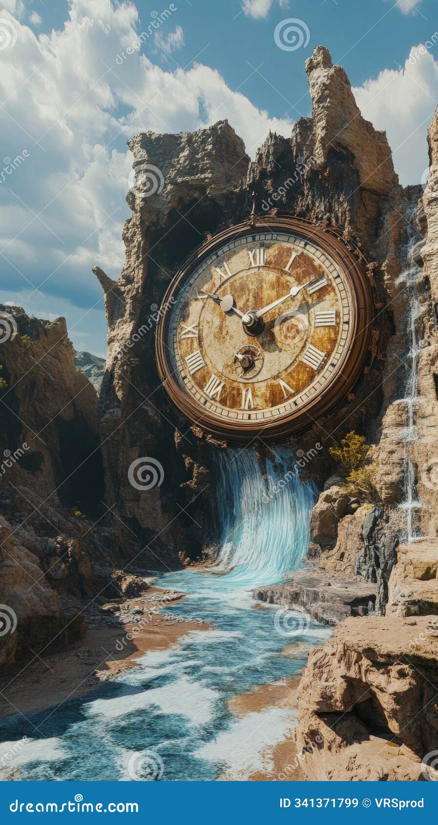 Waterfall Emerging from Ancient Clock Embedded in Rocky Cliff Stock ...