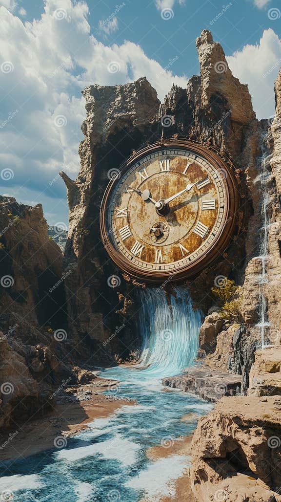 Waterfall Emerging from Ancient Clock Embedded in Rocky Cliff Stock ...
