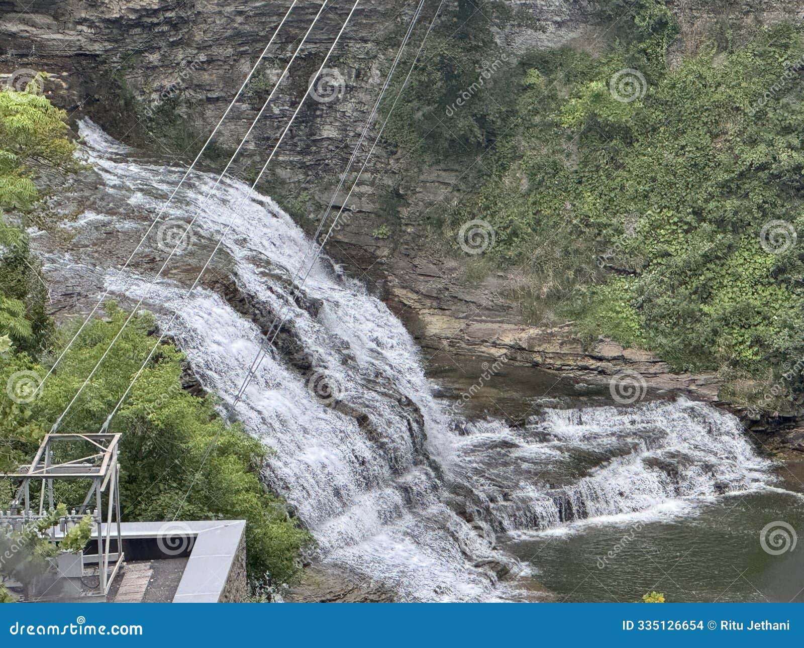 Waterfall at Fall Creek Suspension Bridge in Ithaca, New York Stock ...