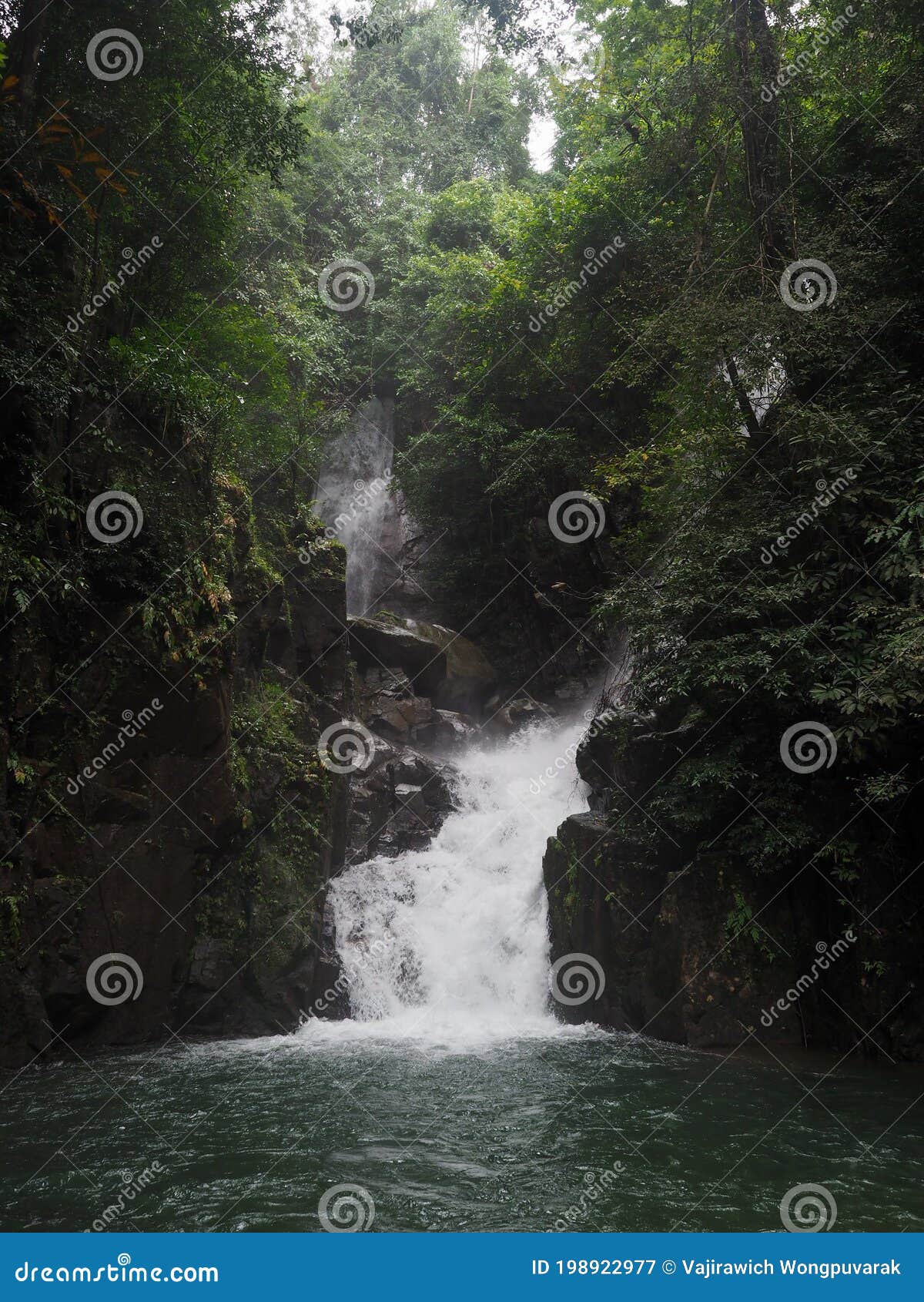 Waterfall Falling into Blue Pool and Flowing in Green Forest. Stock ...
