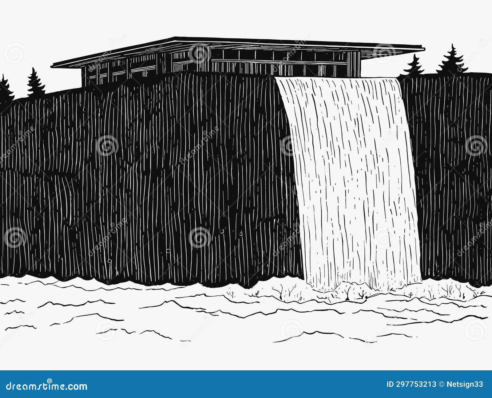 A Waterfall Falling from a Dam - Modern House on Waterfall Stock Vector ...