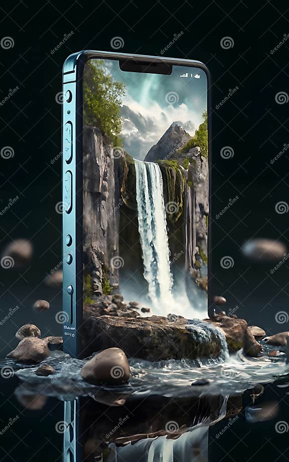 Waterfall Falling from Smartphone Screen on Dark Background. 3d ...
