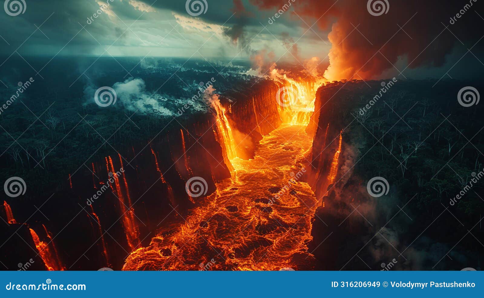 A Waterfall with Fire Flowing through it Stock Image - Image of volcano ...