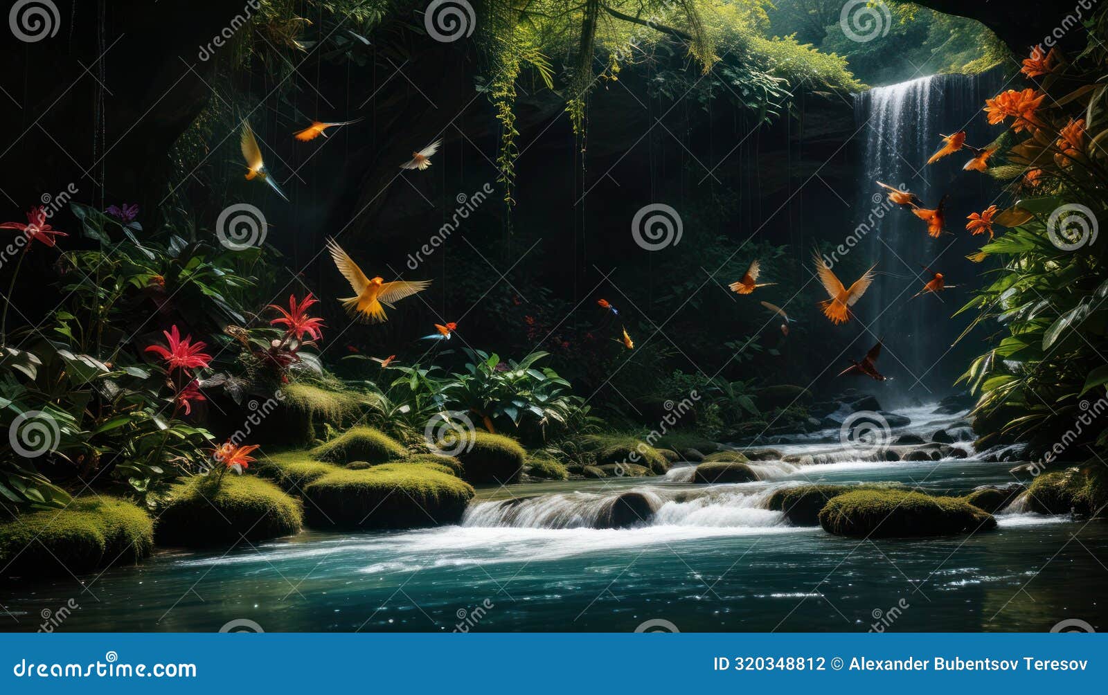 A Waterfall with a Flock of Birds Flying Over it Stock Photo - Image of ...