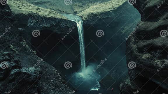A Waterfall is Flowing Down a Narrow Cliff Stock Illustration ...