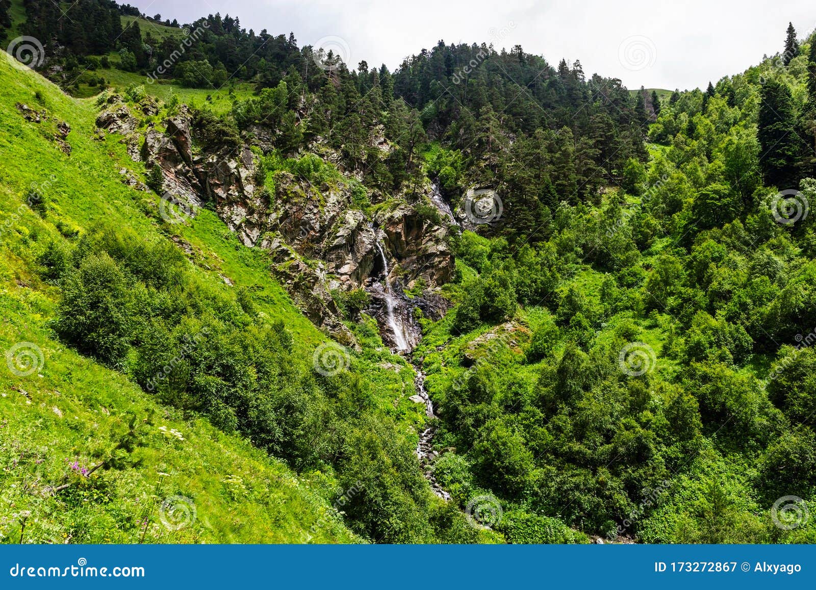 Waterfall Flowing Down a Steep Cliff in the Mountains Stock Image ...