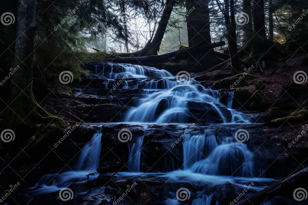 A Waterfall Flowing through the Woods in the Dark Stock Illustration ...
