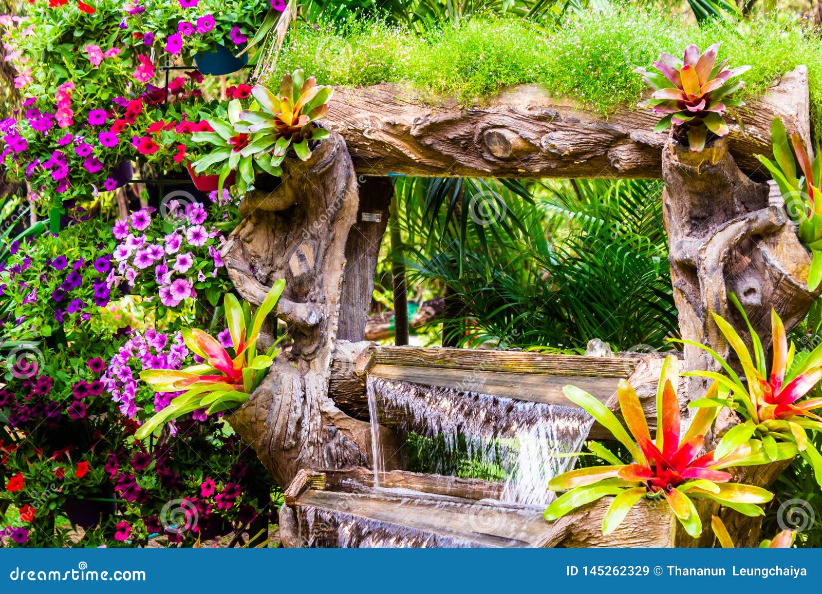 Waterfall Flows in Cozy Home Flower Garden Stock Image - Image of fresh ...