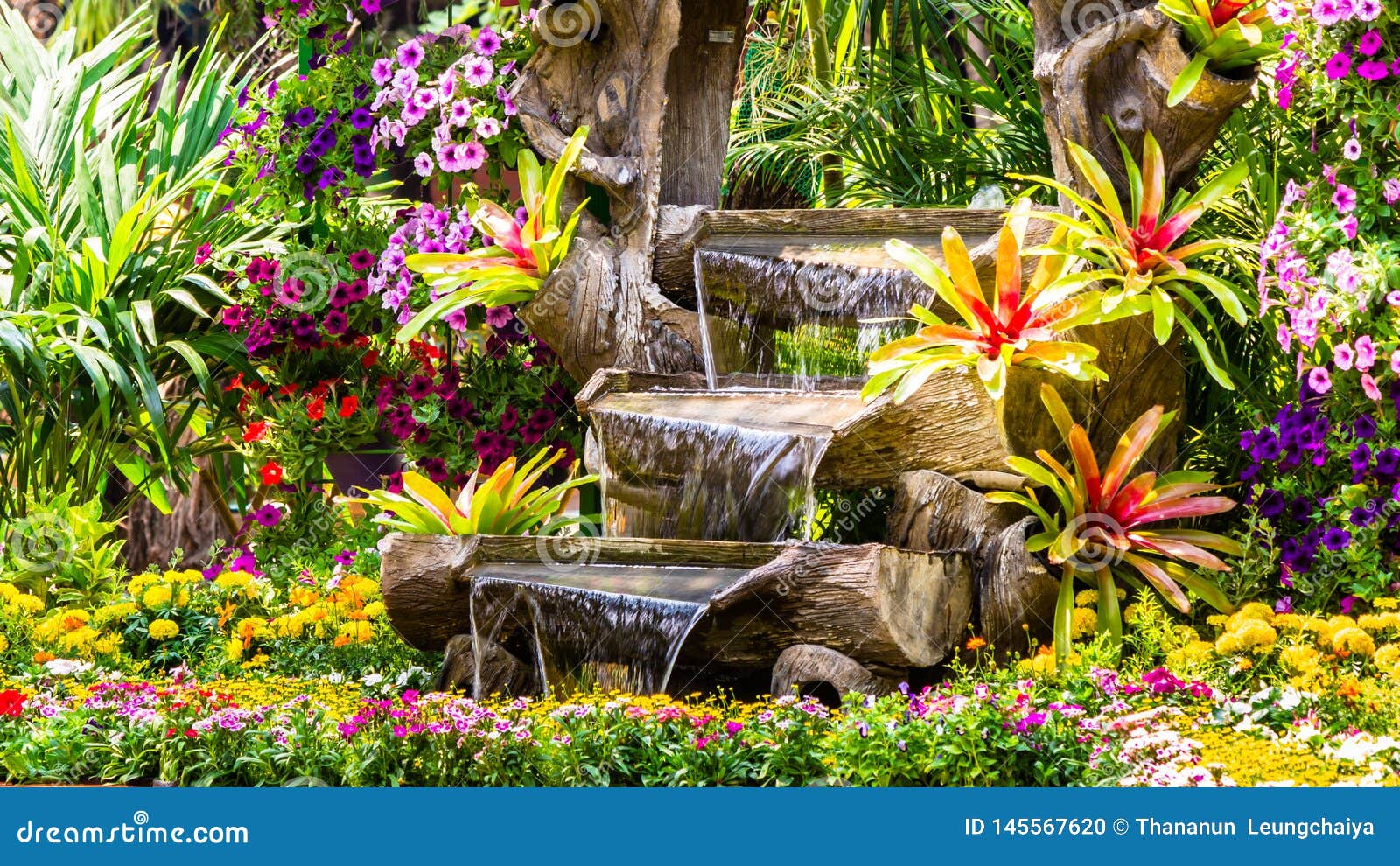 Waterfall Flows in Cozy Home Flower Garden Stock Photo - Image of moist ...