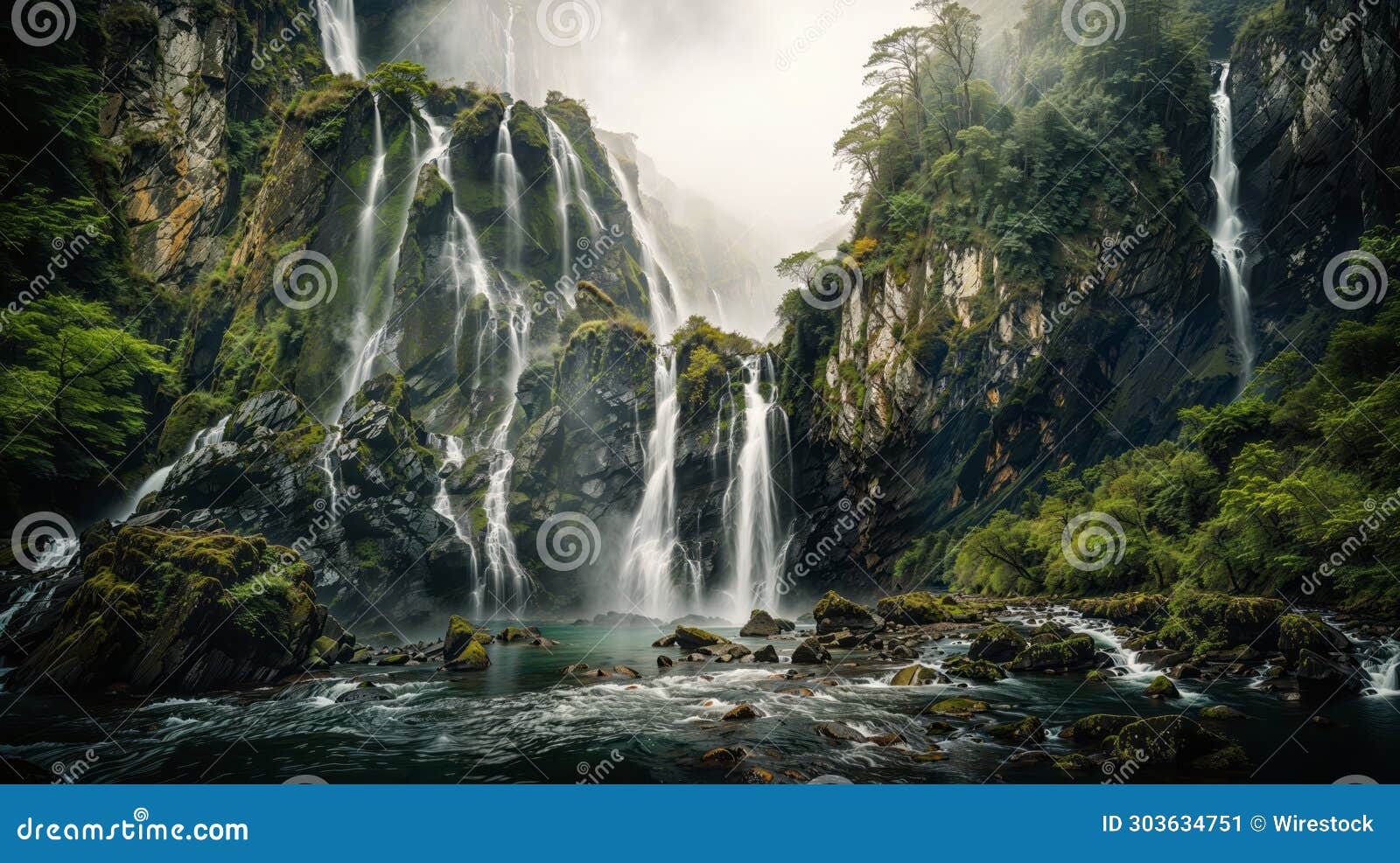A Waterfall Flows Over Rocks into the Water Below it and Green Trees ...